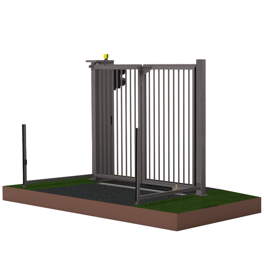 Bi-folding speed gate with ground track